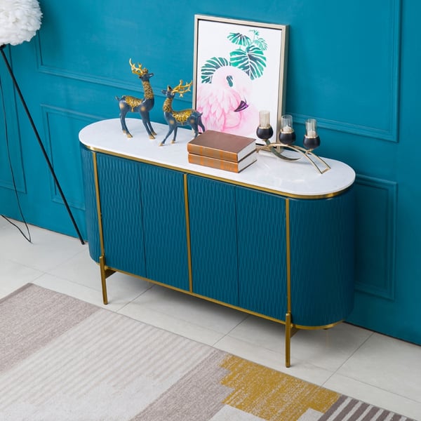 1200mm Modern Blue Sideboard Buffet Faux Marble Top 2 Doors 1 Shelf ...