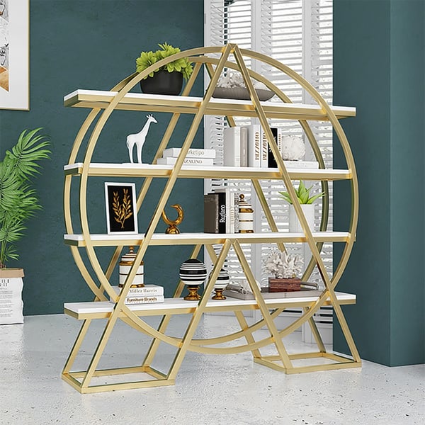 Round Etagere Bookshelf in White & Gold | Homary UK