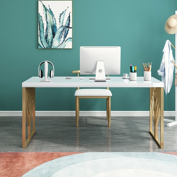 White Rectangular Writing Desk Modern Computer Desk Pine & Metal | Homary