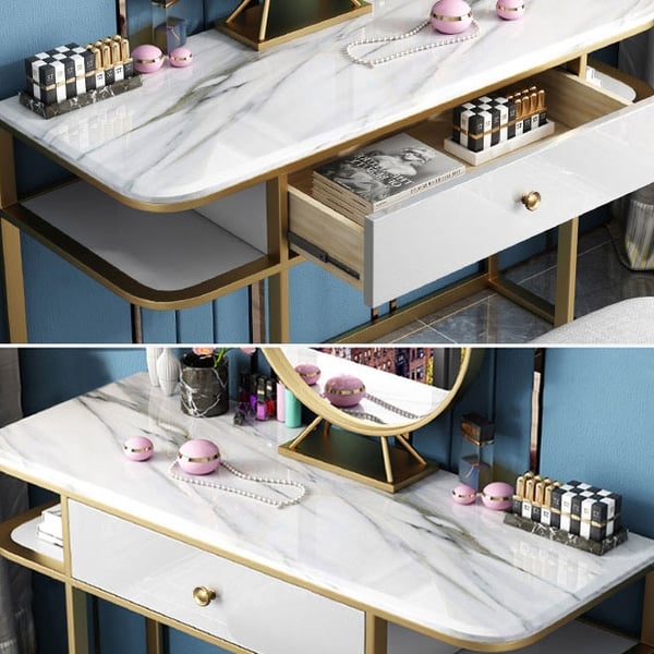 Faux Marble Tabletop Dressing Makeup Table with Mirror & Drawer Chair ...