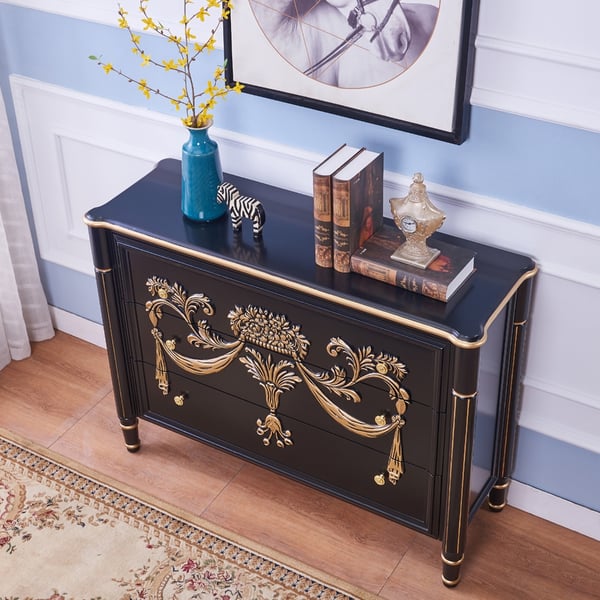 1200mm Classic Black Entryway Cabinet Embossed Flower Patterns 3 Chest ...