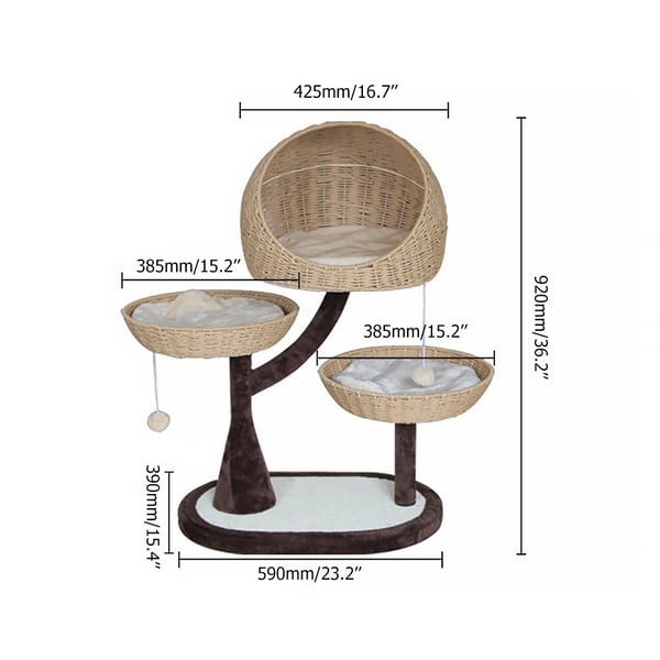 36" Faux Fur Velvet Cat Tree Condo 3 Tier Woven Cat Bed and Perch | Homary