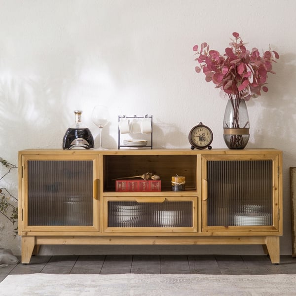 55" Minimalist Natural Sideboard Buffet with Glass Doors and Drawer ...