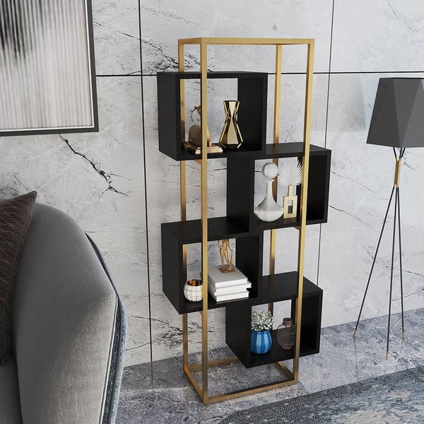 Black Rectangular Bookshelf Modern Pine & Metal Gold Bookcase with ...