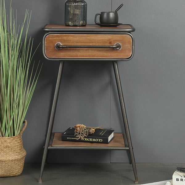 Retro Side Table with Drawer & Shelf Wooden top Metal Legs | Homary UK
