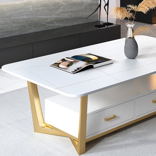 White Coffee Table with Drawers & Storage Sintered Stone Tabletop ...