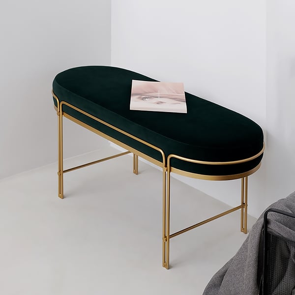 Green Bench Upholstered Velvet Mid-Century Bench Gold Legs | Homary UK