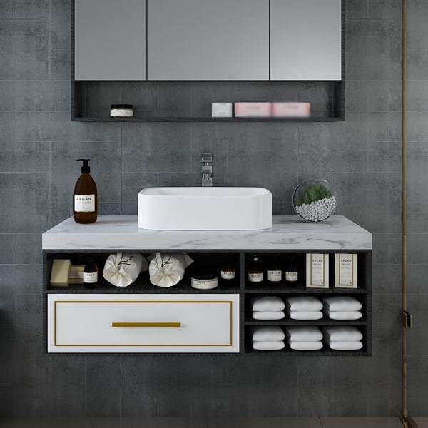 900mm Modern Bathroom Floating Vanity Faux Marble Vanity Ceramic Basin ...