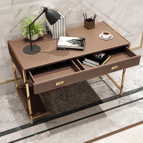 Modern Brown Faux Leather Office Desk Computer Desk with Drawers ...