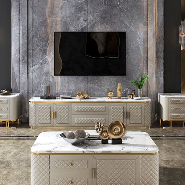 Contemporary Gray TV Stand Faux Marble Top Faux Leather Upholstery ...