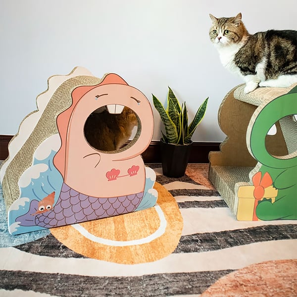 17.7" Fish Shape Cat House Corrugated Board Cat Cave Bed in Green/Pink ...