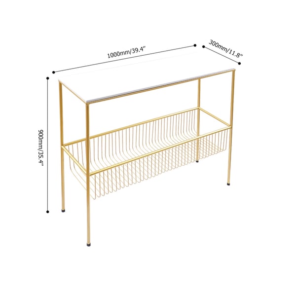 White Rectangular Narrow Console Table with Shelf Modern Metal in Gold ...