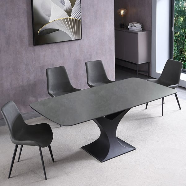 71" Modern Rectangle Stone Dining Table with Black Metal Y-Base in Gray ...