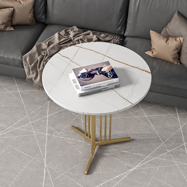 Modern White Sintered Stone End Table Round Side Table Gold Base Accent ...
