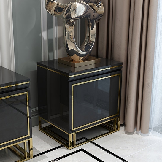 Rimh Black Lacquer Bedroom Nightstand Stainless Steel in Gold-Homary