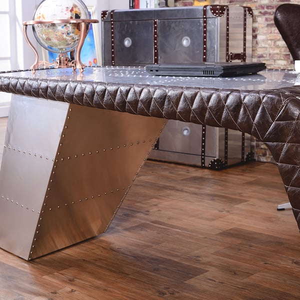 76" Aviator Desk with Storage Aluminum and Leather Office Desk-Homary
