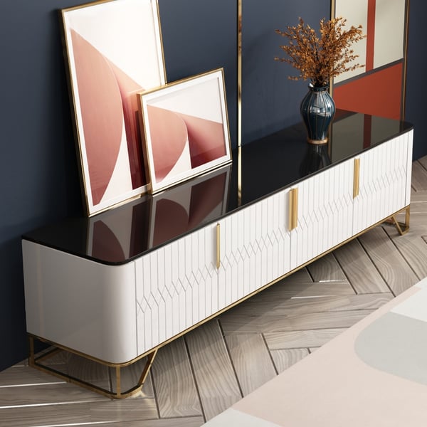 75" White TV Stand with 3 Doors Tempered Glass Top Media Console for ...