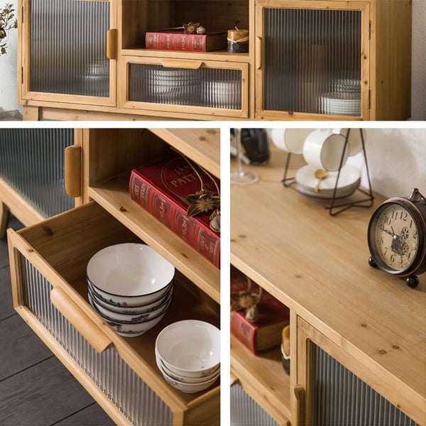55" Minimalist Natural Sideboard Buffet with Glass Doors and Drawer ...