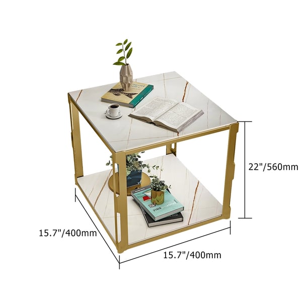 Gold Square End Table with Shelf Marble Top Side Table Metal | Homary UK