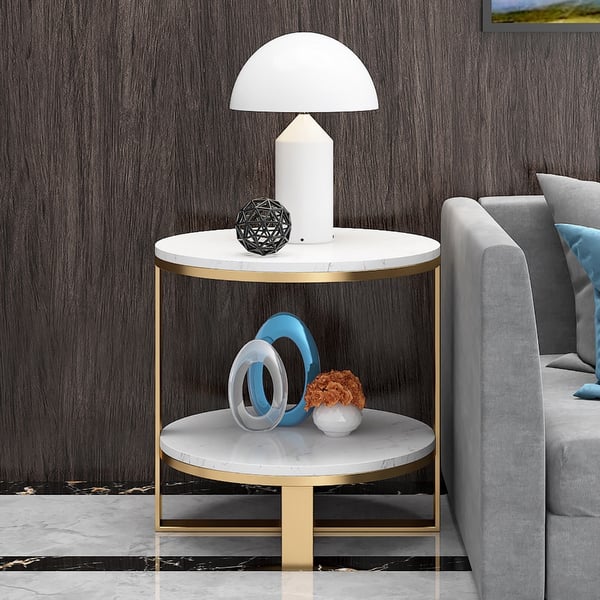 2-Tiered White Round End Table with Shelf Metal Frame | Homary