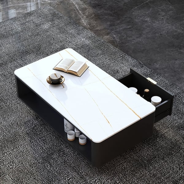 White Rectangular Coffee Table with Storage Sintered Stone 2-Drawer ...