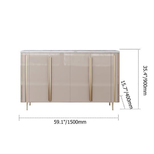 59" Khaki Sideboard Buffet White Faux Marble Top Kitchen Cabinet with 2 ...