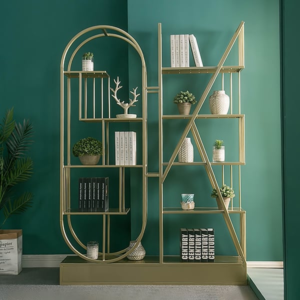 62" Modern 'OK' Freestanding Etagere Bookshelf in Golden Metal | Homary
