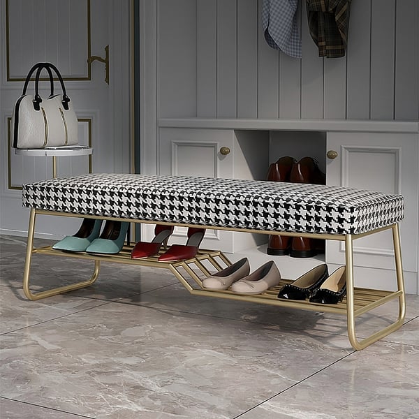 Shoe Storage Entryway Bench Houndstooth Linen Upholstered with Faux ...