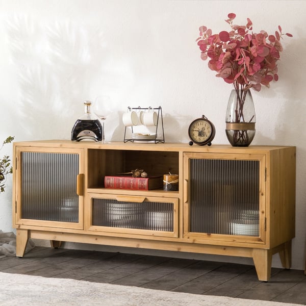 55" Minimalist Natural Sideboard Buffet with Glass Doors and Drawer ...