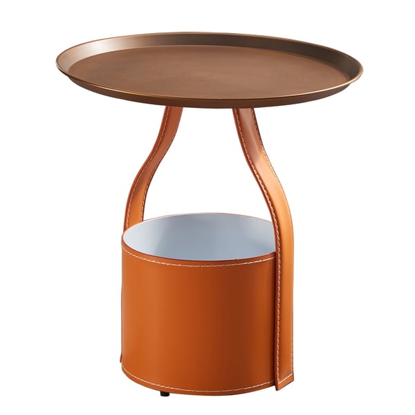 Modern Round Orange Leather Side Table with Storage Tray Top End Table ...