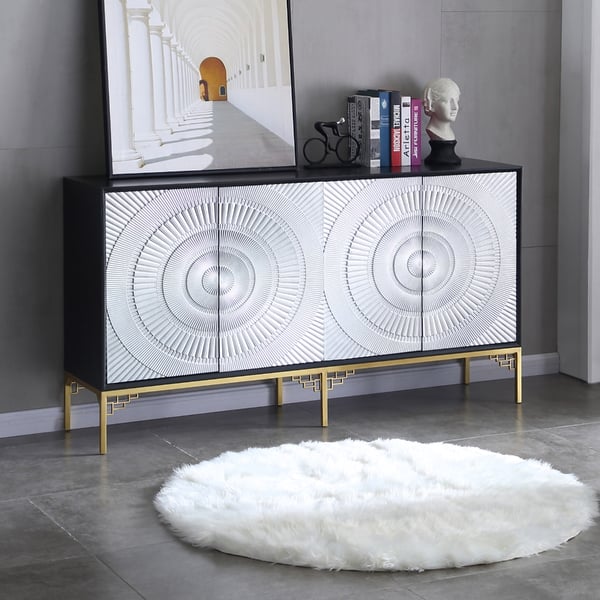 Black&Silver Sideboard Buffet Solid Wood Kitchen Cabinet with Doors and ...