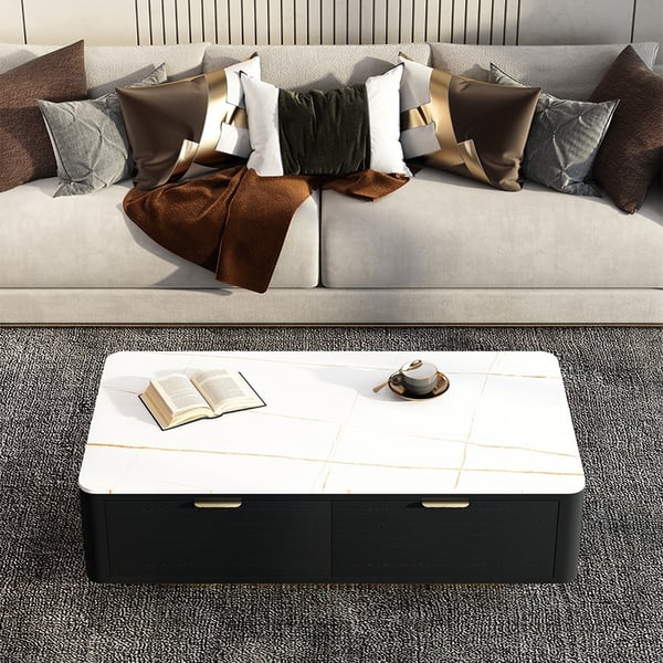 White Rectangular Coffee Table with Storage Sintered Stone 2-Drawer ...