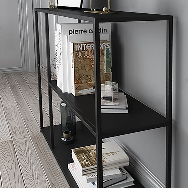 Black Rectangular Narrow Console Table with Shelves Industrial Metal ...
