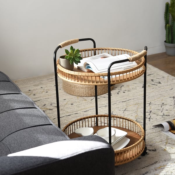 Rustic Side Table Rattan Bar Cart with Rolling Foot Woven Side Table ...