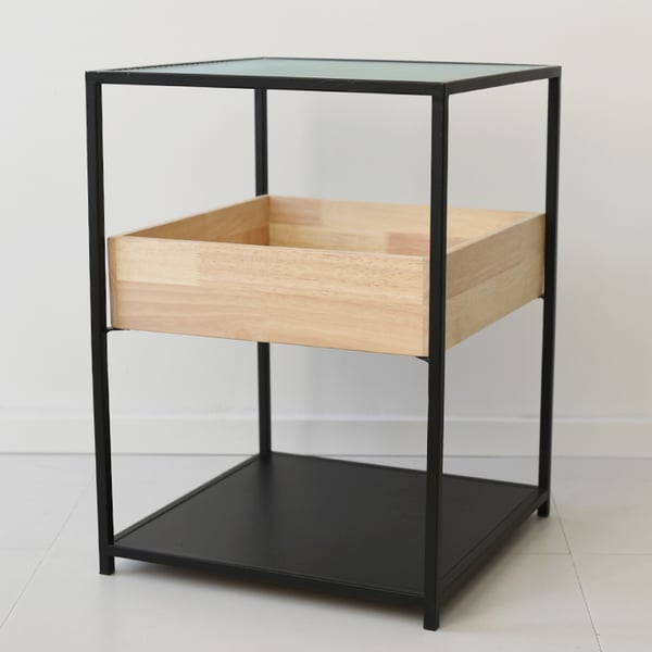 Black Square Side Table with Storage Glass Top End Table-Homary
