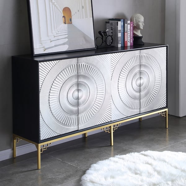 Black&Silver Sideboard Buffet Solid Wood Kitchen Cabinet with Doors and ...