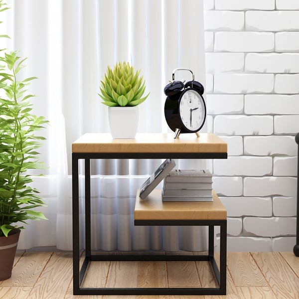 2-Tiered Metal Side Table with Storage Wooden Top End Table | Homary