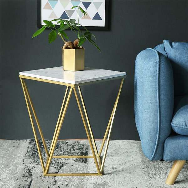 Modern White End Table with Marble Top Side Table Metal Frame | Homary