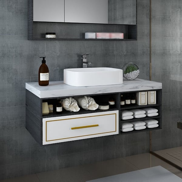 900mm Modern Bathroom Floating Vanity Faux Marble Vanity Ceramic Basin ...