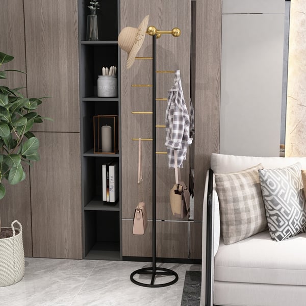 Gold & Black Modern Freestanding Coat Rack with 12 Hooks-Homary