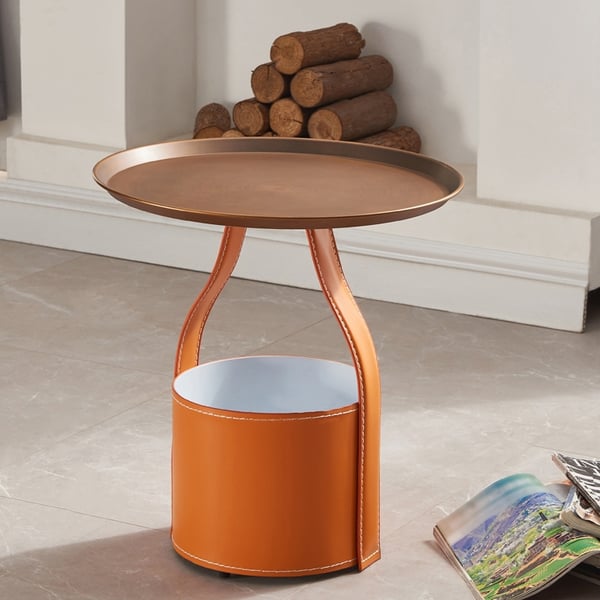 Modern Round Orange Leather Side Table with Storage Tray Top End Table ...