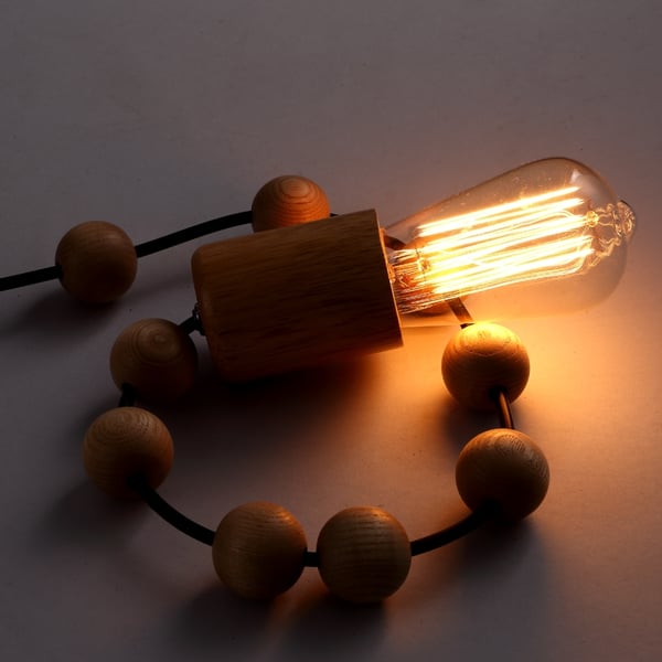 Rustic Wood Bead Mini Single-Light Exposed Edison Bulb Pendant Light ...