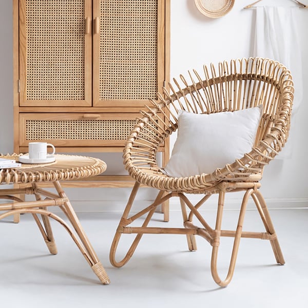 Boho Style Woven Rattan Round Accent Chair Ball Papasan Chair with 4 ...