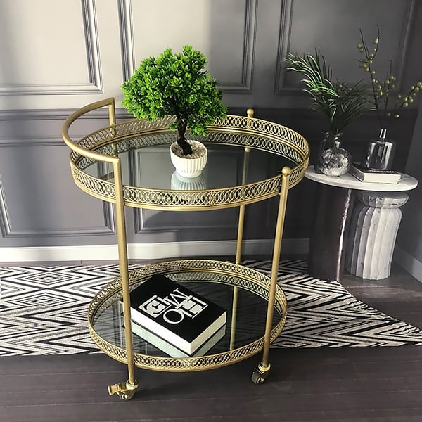 Gold 23.6" 2-Tier Oval Rolling Serving Bar Cart with Handle Mirrored ...