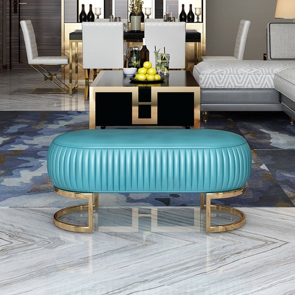 Modern Faux Leather Blue Upholstered Tufted Bench Gold Metal Bench ...