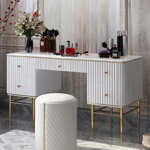 Bline White Makeup Vanity Table Marble Dressing Table with Drawers Gold ...