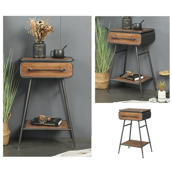 Retro Side Table with Drawer & Shelf Wooden top Metal Legs | Homary