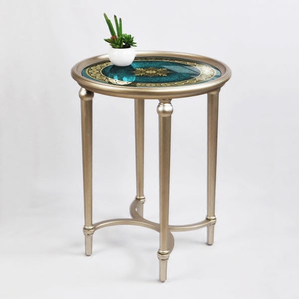 Vintage Stained Glass Side Table Round Solid Wood Colored Glass Tray ...