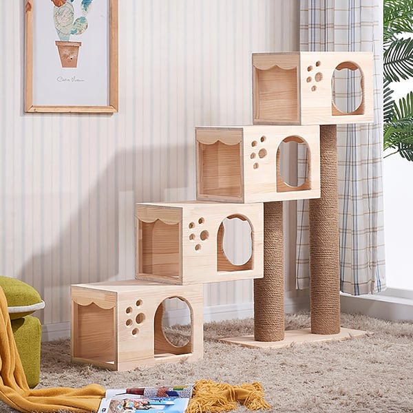 51.1" Multilevel Cat Tree Condo Pine Wood Cat Step Sisal Scratch Post ...