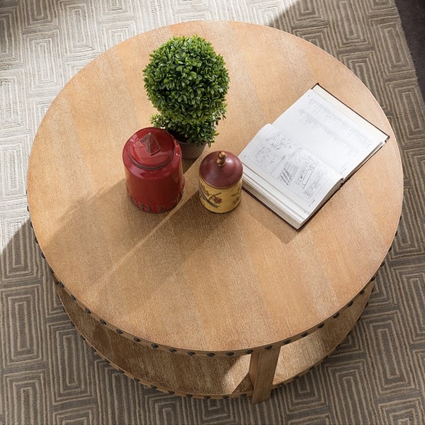 Farmhouse Round Coffee Table with Shelf Nailhead Accent Table in ...